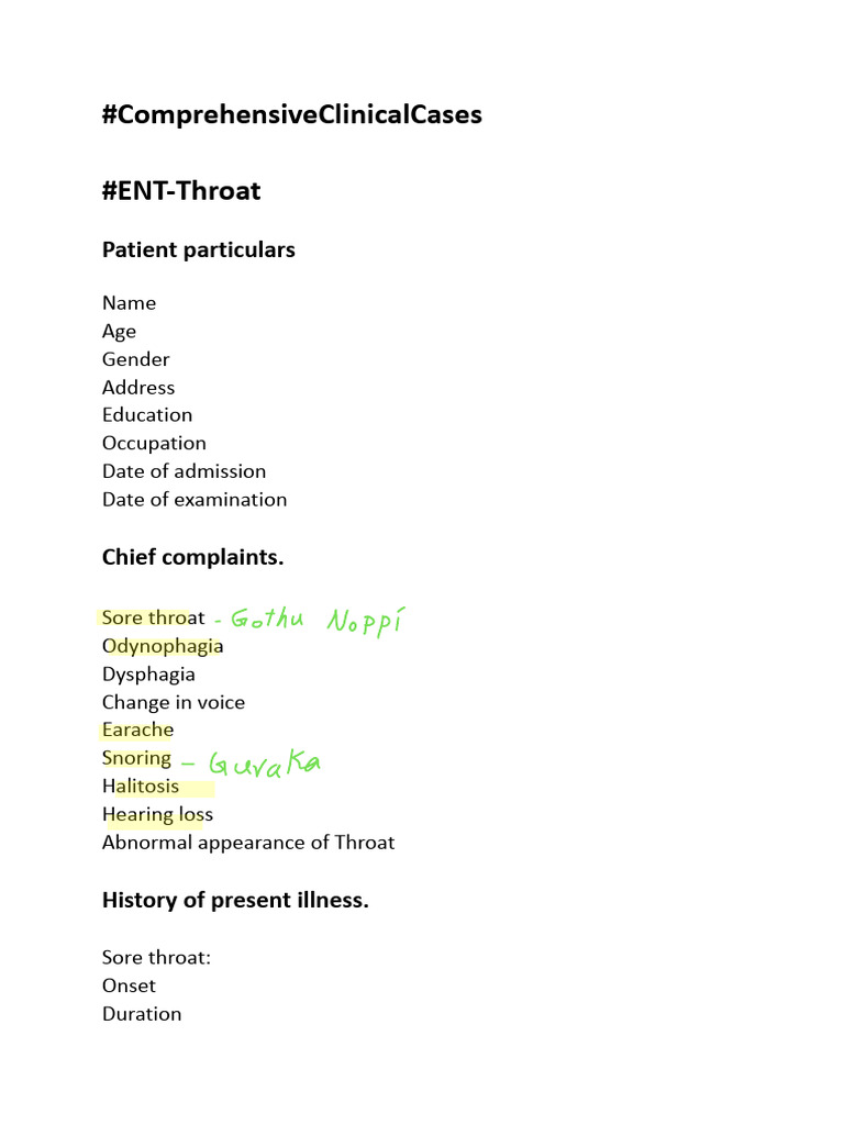 ENT Case Proforma-Throat PDF | PDF | Tongue | Human Anatomy