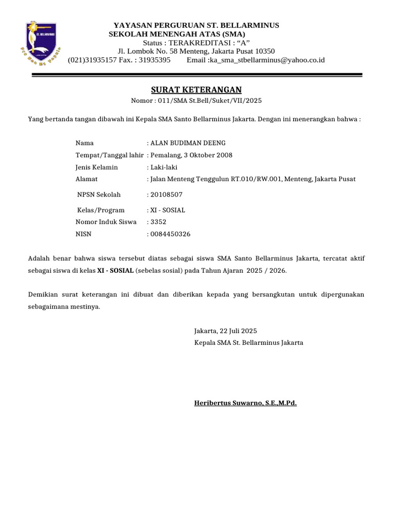 Surat Keterangan Siswa SMA St. Bellarminus | PDF