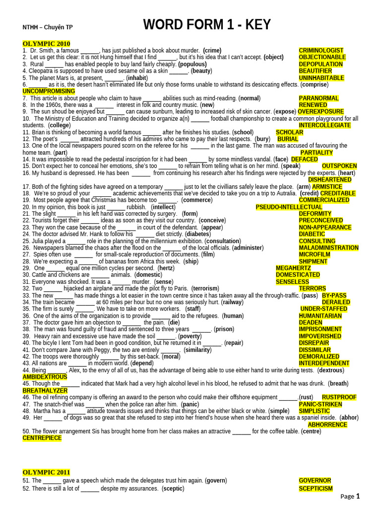 Word Form 1 - Key | PDF