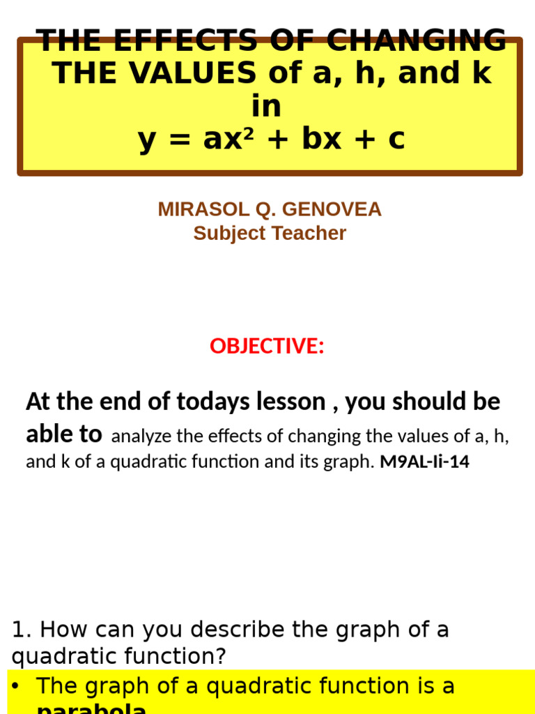 Effects of a, h, k on Quadratic Graphs | PDF | Mathematical Relations ...
