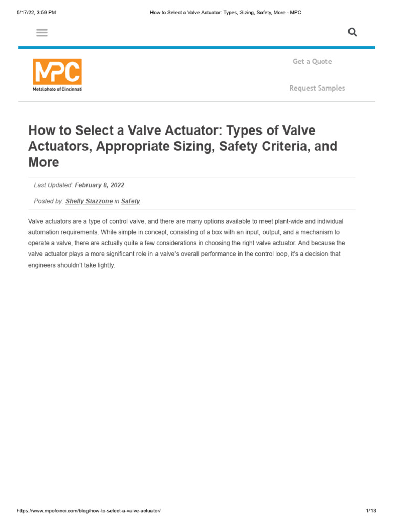 How To Select A Valve Actuator - Types, Sizing, Safety, More - MPC ...