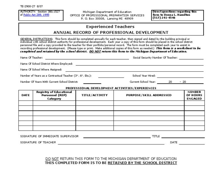 Annual Teacher PD Record Form | PDF