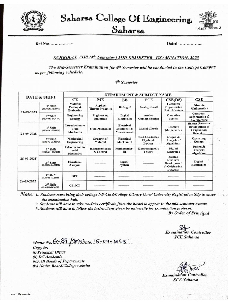 Schedule For (4th Sem.) Mid-Semester | PDF