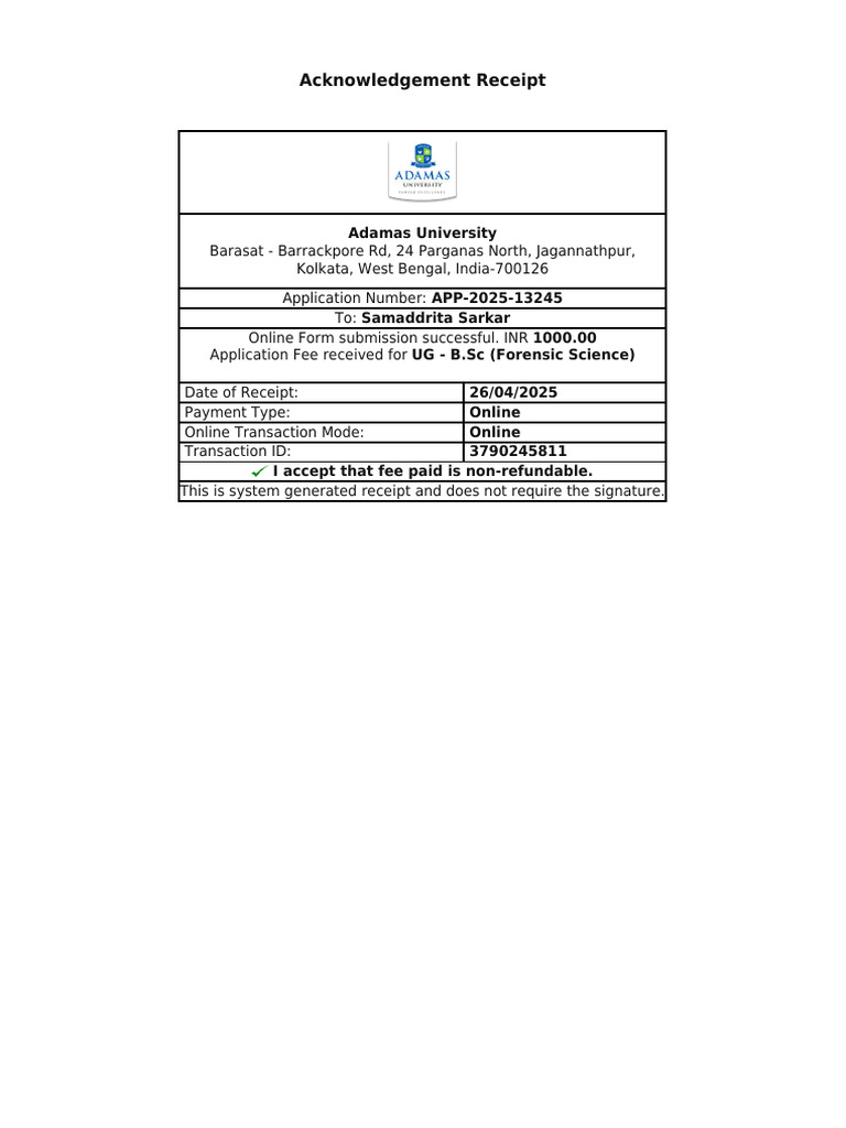 Adamas University Application Fee Receipt | PDF