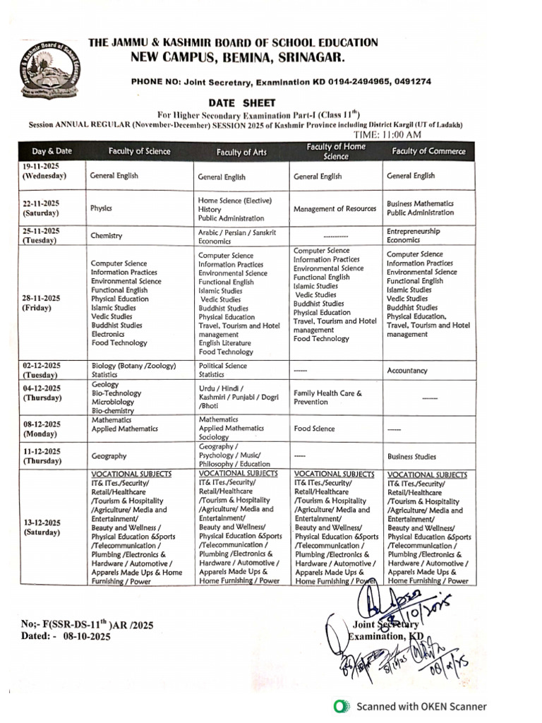 Date Sheet Class 11th | PDF