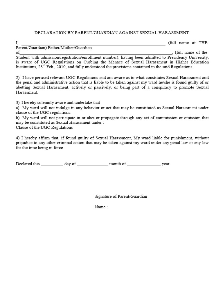 Anti Sexual Harassment Form For Parents | PDF