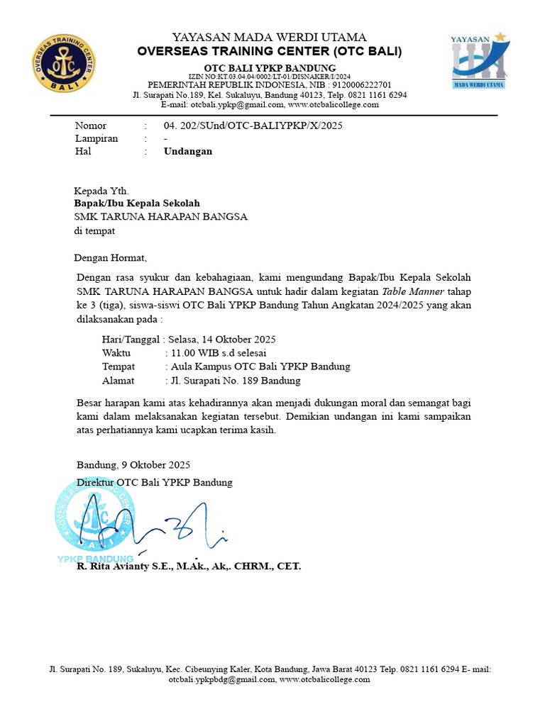Undangan Table Manner SMK Taruna Harapan Bangsa | PDF