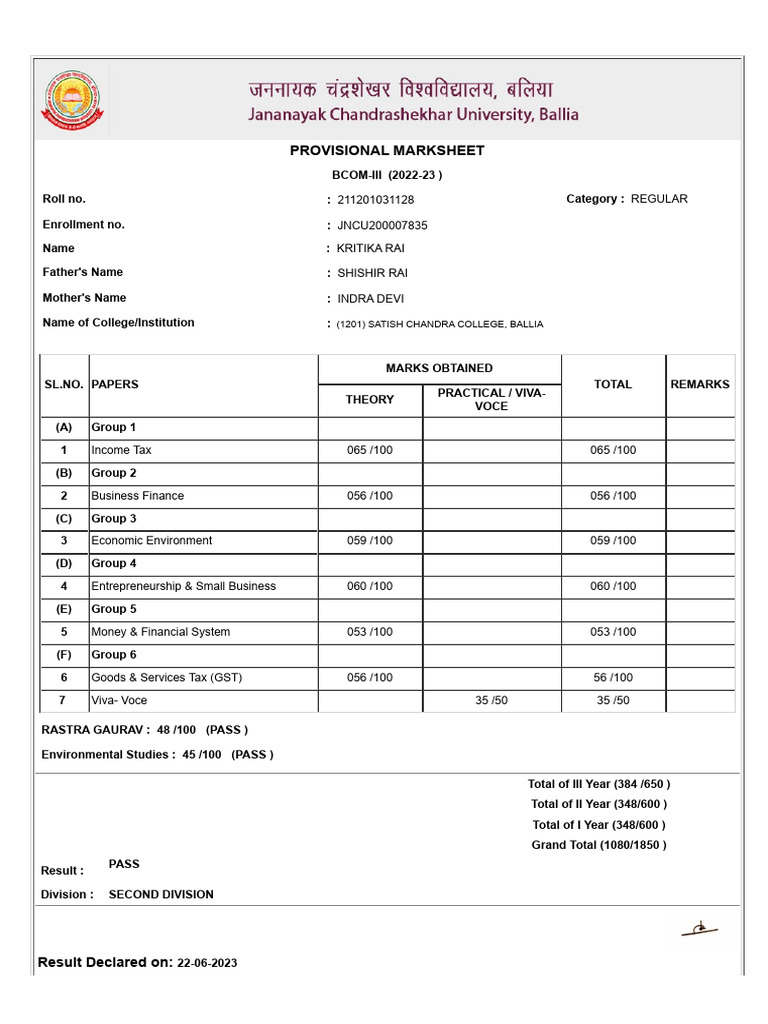 JNCU BCOM-III Provisional Marks 2022-23 | PDF | Taxes