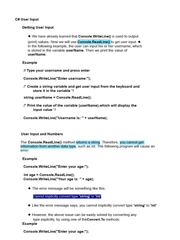 C# User Input and Type Conversion Guide | PDF | C Sharp (Programming ...