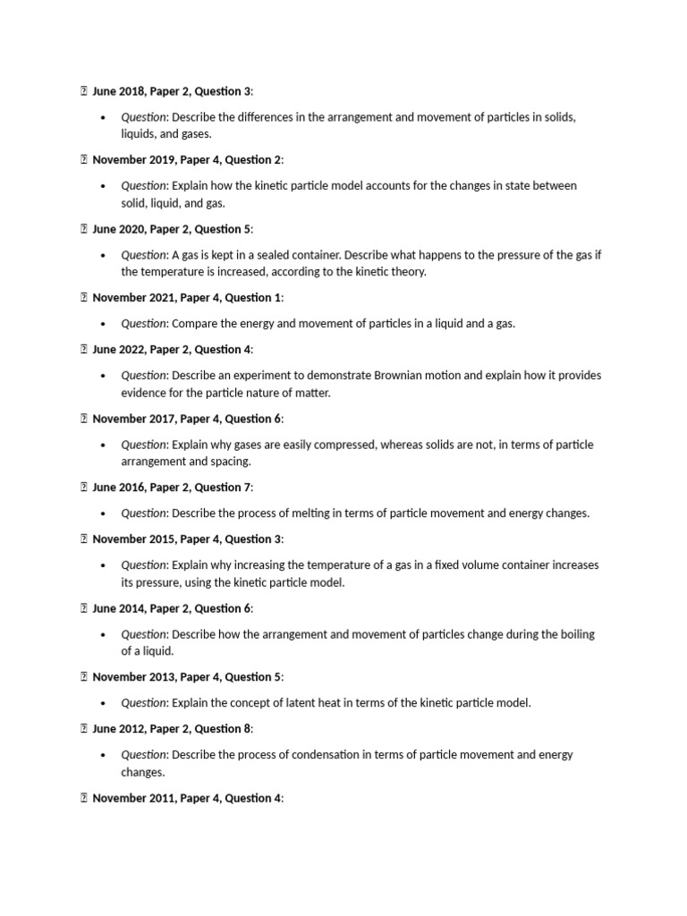State of Matter & Particle Model Past Papers | PDF | Gases | Liquids