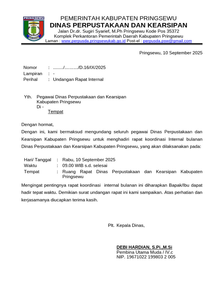 Undangan Rapat Dinas Perpustakaan Pringsewu | PDF