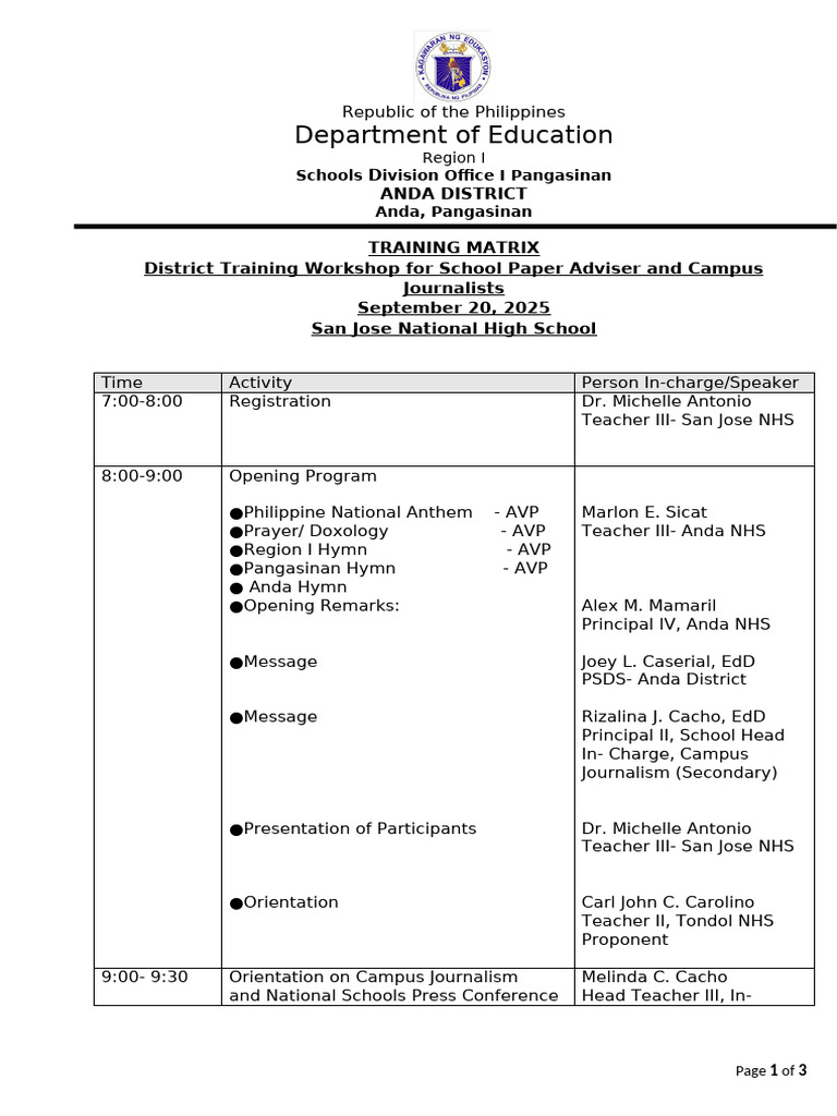 District Training Workshop Agenda | PDF | Journalism | Philippines