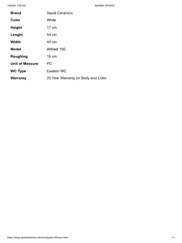 AlWadi 100 Eastern WC Specifications | PDF