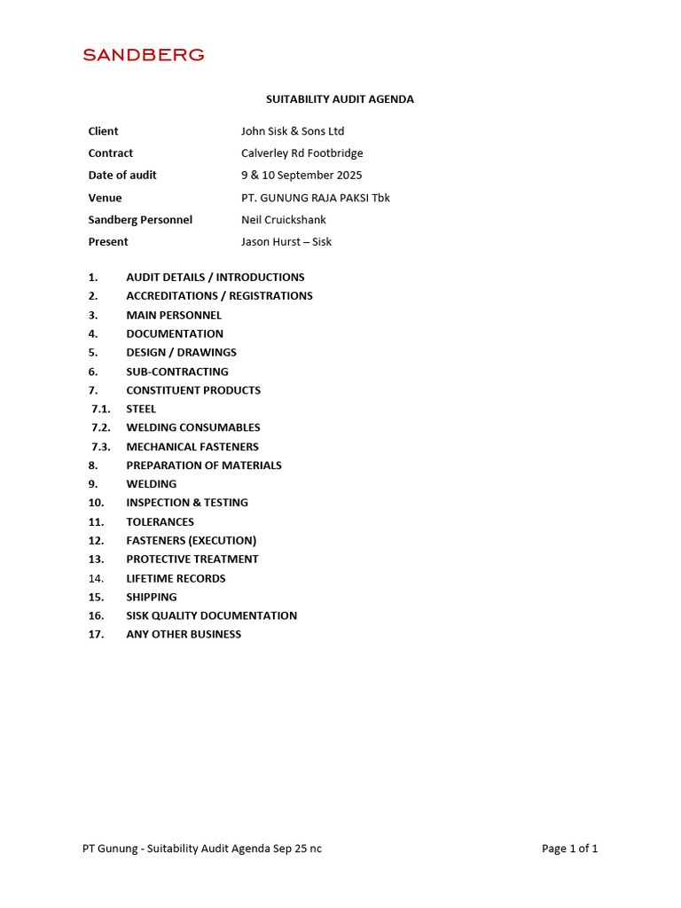 Suitability Audit Agenda for Sisk Project | PDF