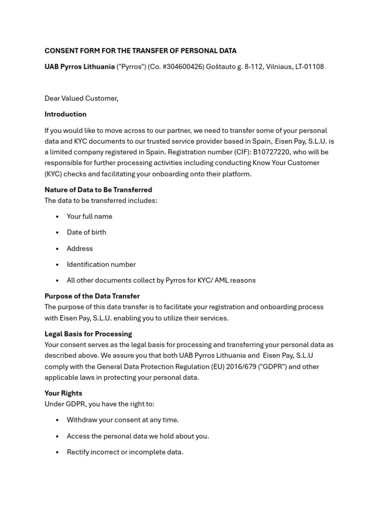 Consent Form For The Transfer of Personal Data UAB Pyrros Lithuania | PDF