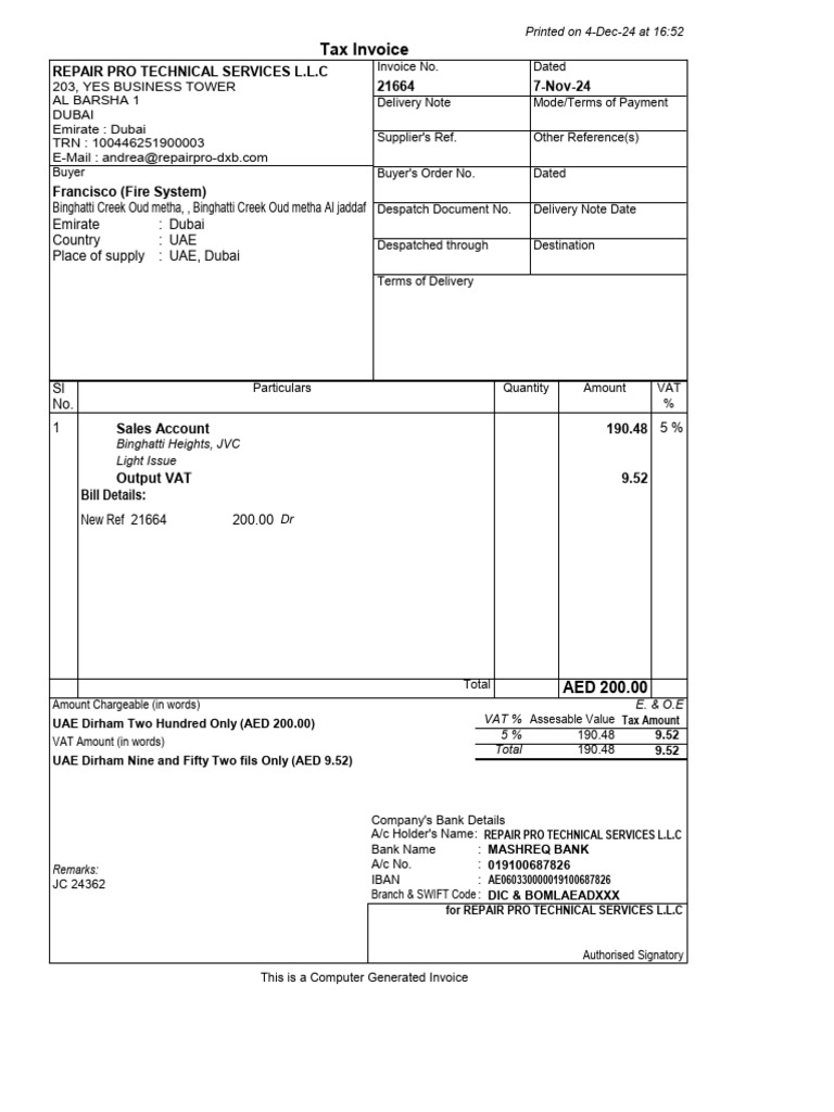 Dubai Tax Invoice for Repair Services | PDF | Invoice | United Arab ...