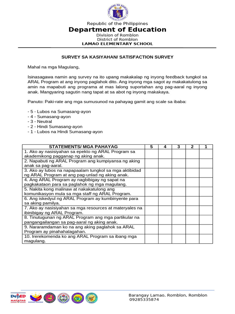 Aral Survey and Feedback Form | PDF