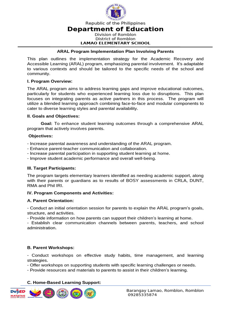 Aral Implementation Plan Involving Parents | PDF | Learning | Cognition