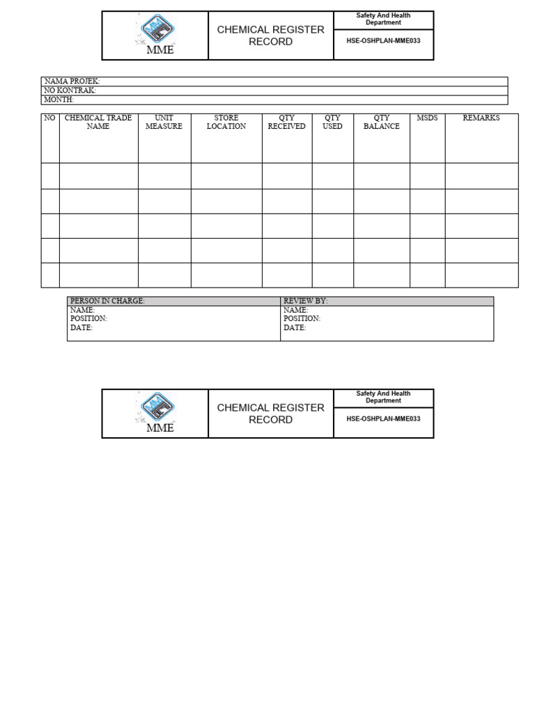 Chemical Register Template Excel | PDF