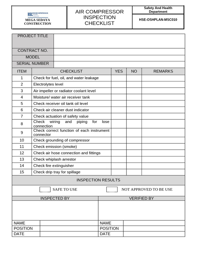 Air Compressor Inspection Checklist | PDF