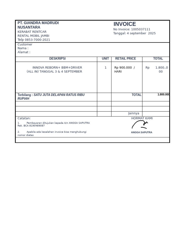 Invoice Rental Mobil Jambi 2025 | PDF