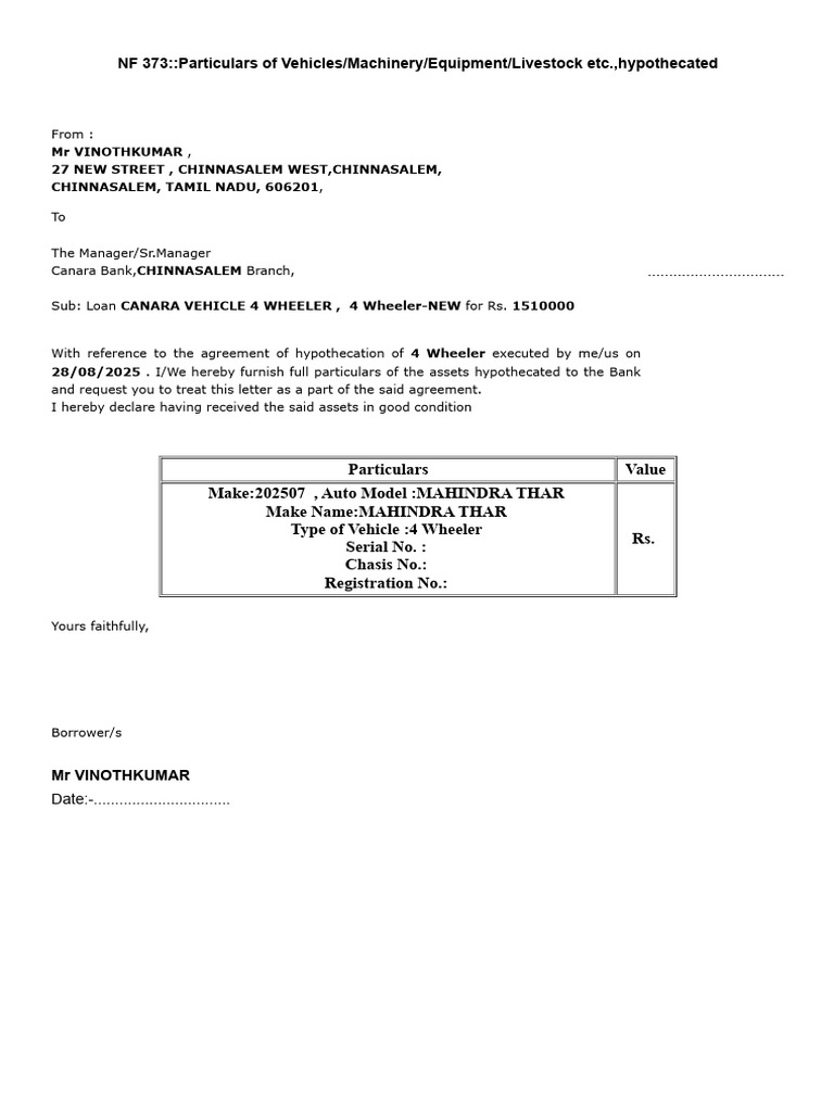 Hypothecation Details for Mahindra Thar Loan | PDF