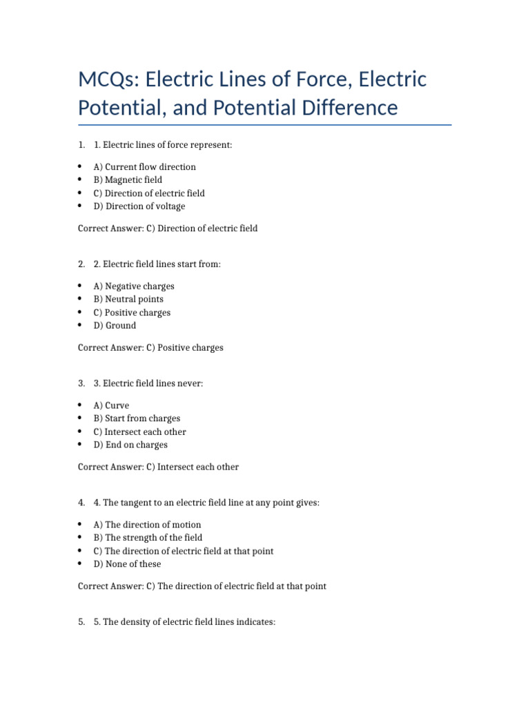 Electric Field and Potential MCQs | PDF | Electric Field | Voltage