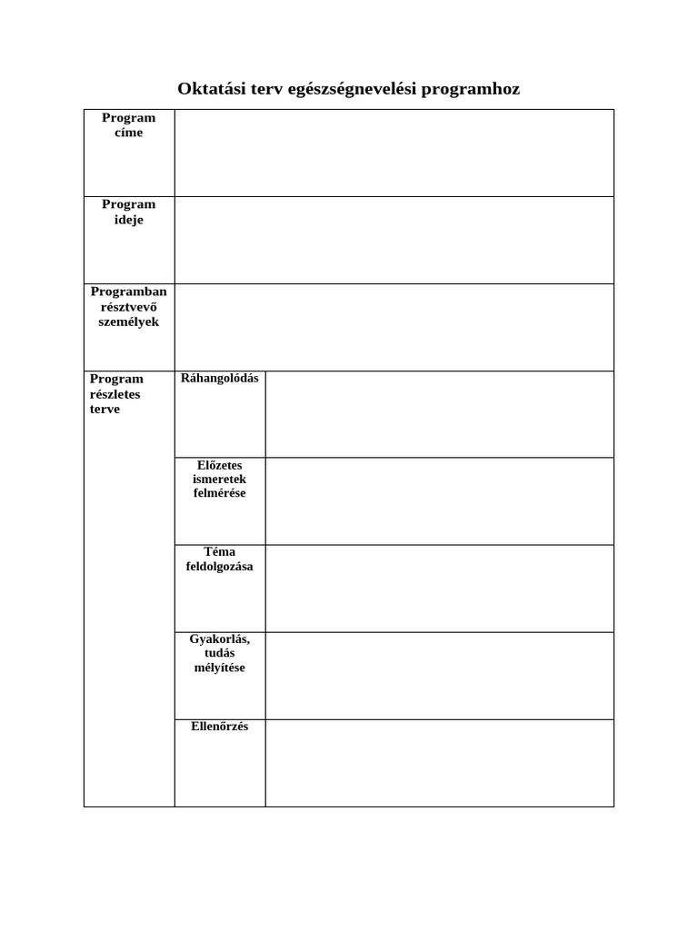 Oktatási Terv Egészségnevelési Programhoz | PDF