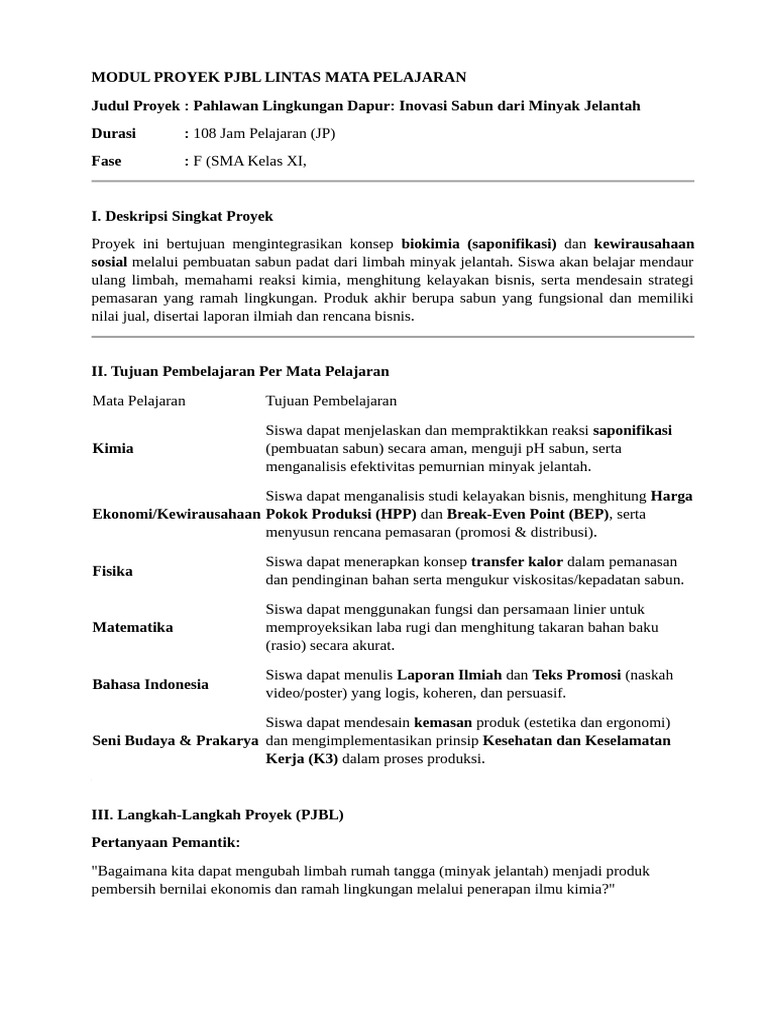 Modul Proyek PJBL Lintas Mata Pelajaran Sma Kelas Ix | PDF