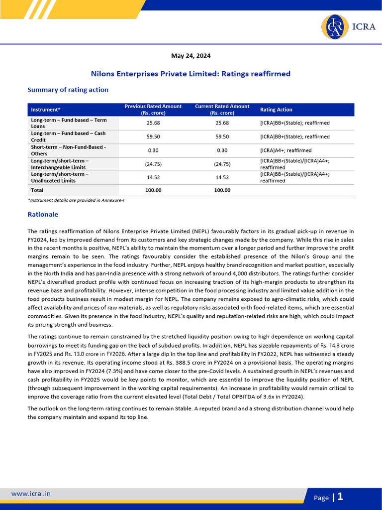 Nilons Enterprises Credit Rating Update | PDF | Credit Rating Agency ...