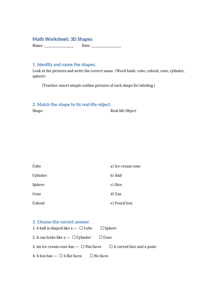 3D Shapes Worksheet Grade1 | PDF