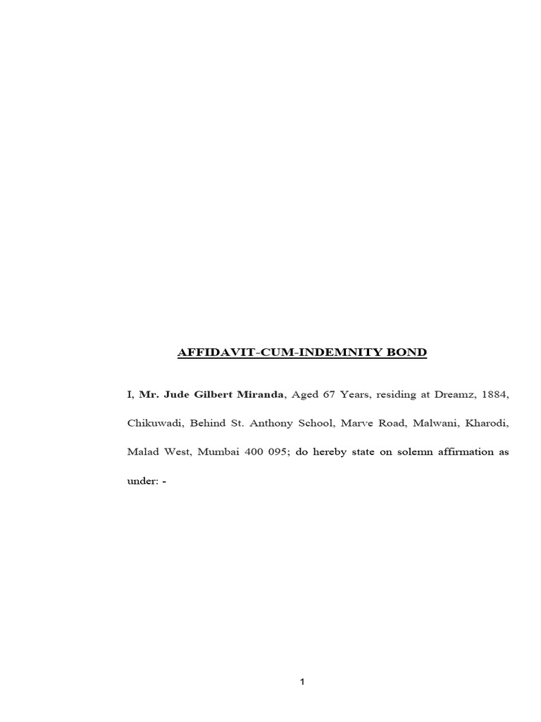 AFFIDAVIT-INDEMNITY BOND-LEGAL HEIR-TALATHI Jude City Survey | PDF ...