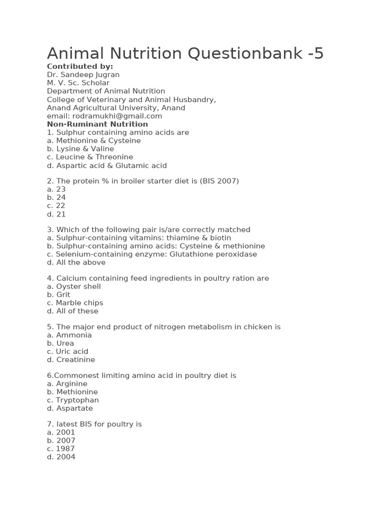 Animal Nutrition Questionbank 1 | PDF | Methionine | Amino Acid