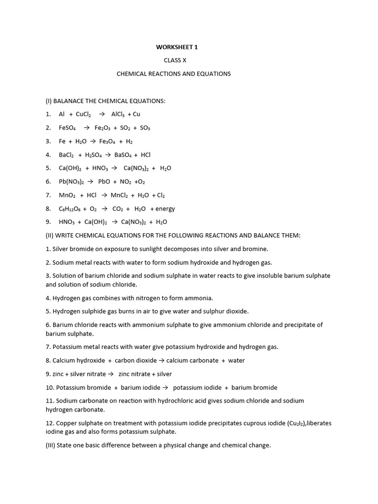 Chemical Reactions Worksheet for Class X | PDF