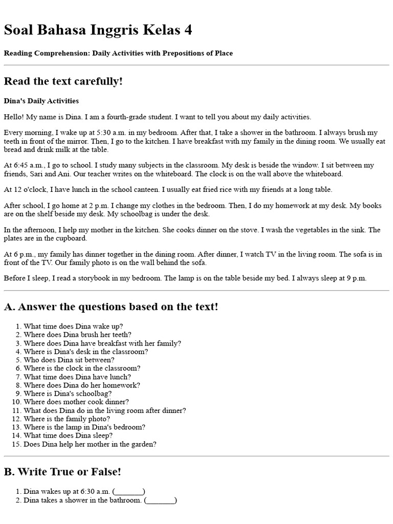 Soal Reading Comprehension - Daily Activities | PDF | Kitchen