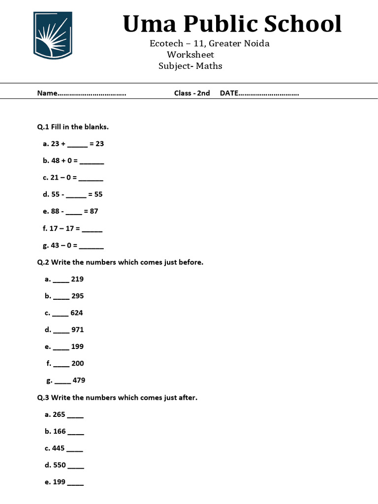 Class 2 Maths Worksheet | PDF