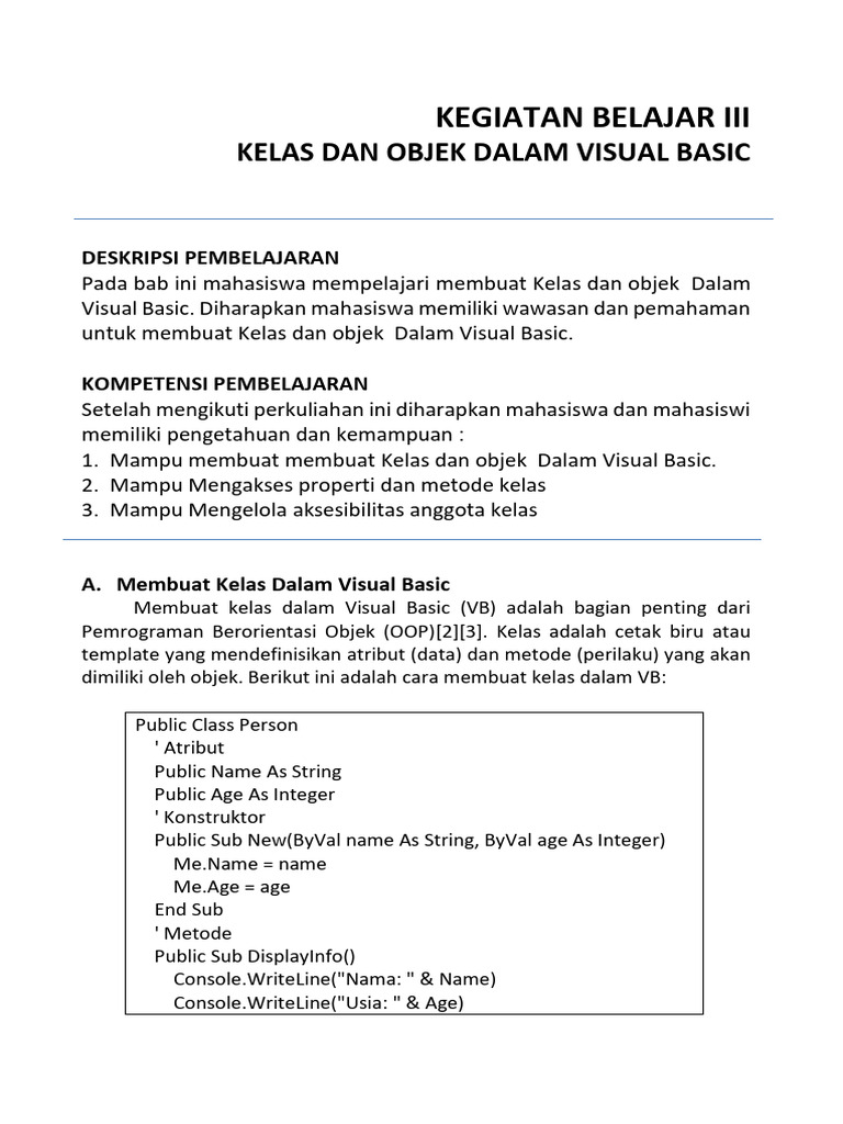 Pertemuan 3 - Kelas Dan Objek Dalam Visual Basic | PDF