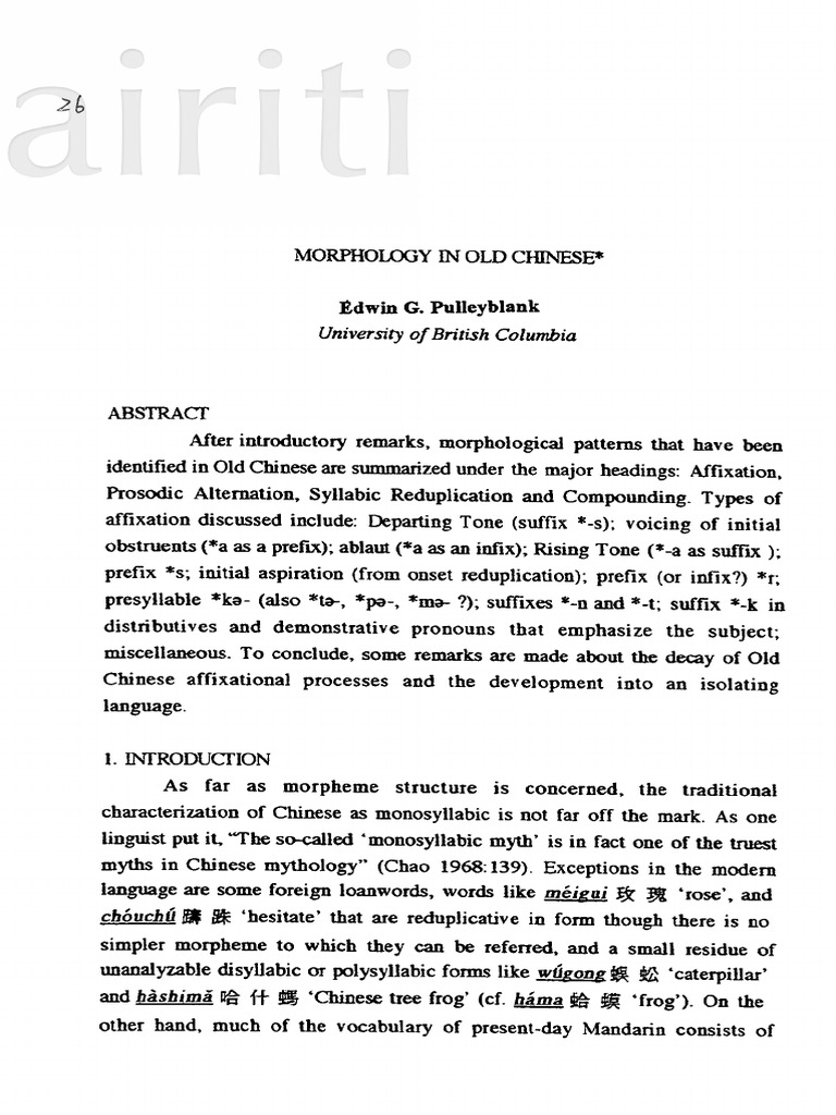 Morphology in Old Chinese Pulleyblank | PDF