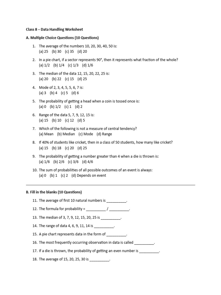 Class 8 Data Handling Worksheet | PDF