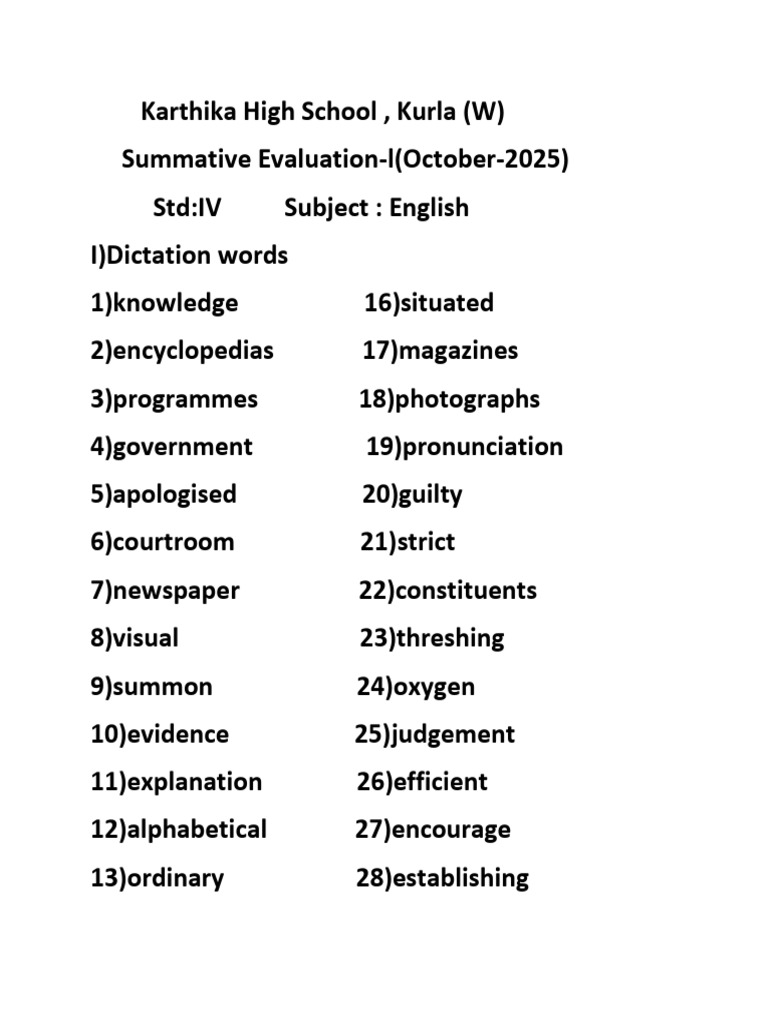 Std IV English Dictation Words & Sentences | PDF