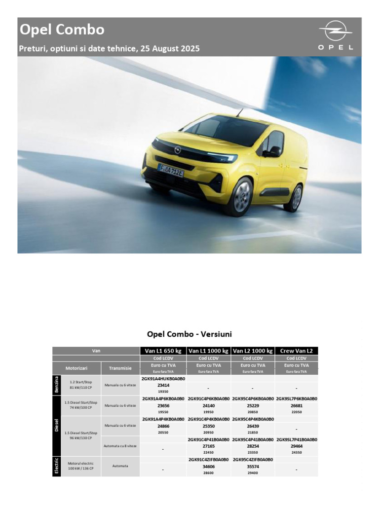 Price List Combo Van B0 25 08 2025 | PDF