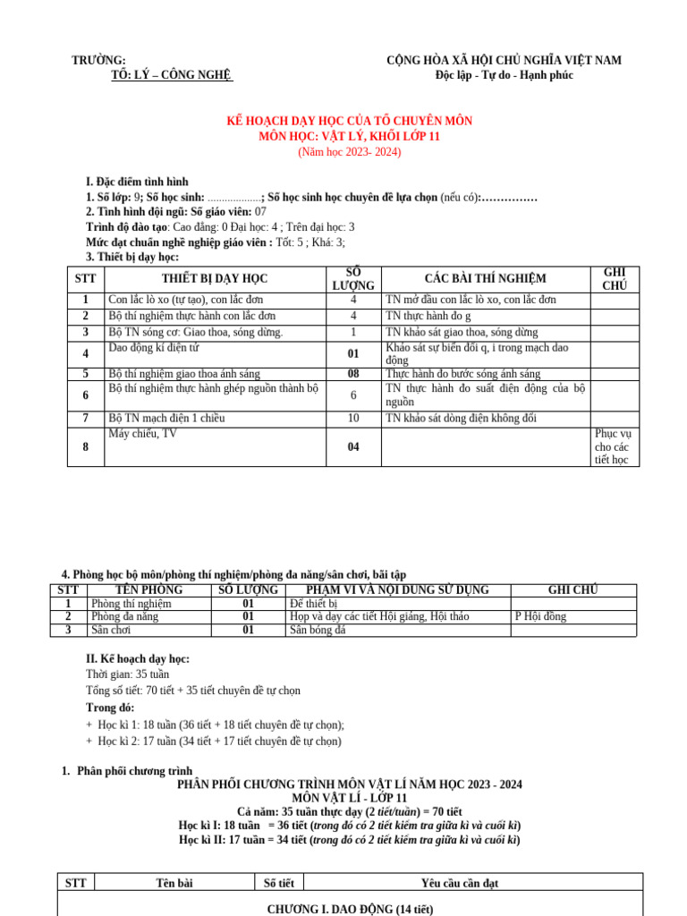 KHDH VL - Khối 11 - Năm 2023-2024 | PDF
