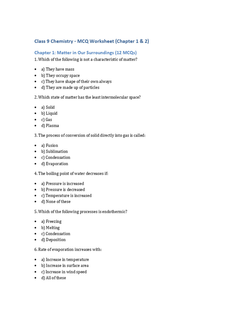 Class 9 Chemistry Ch1 Ch2 MCQs 2 | PDF | Mixture | Liquids