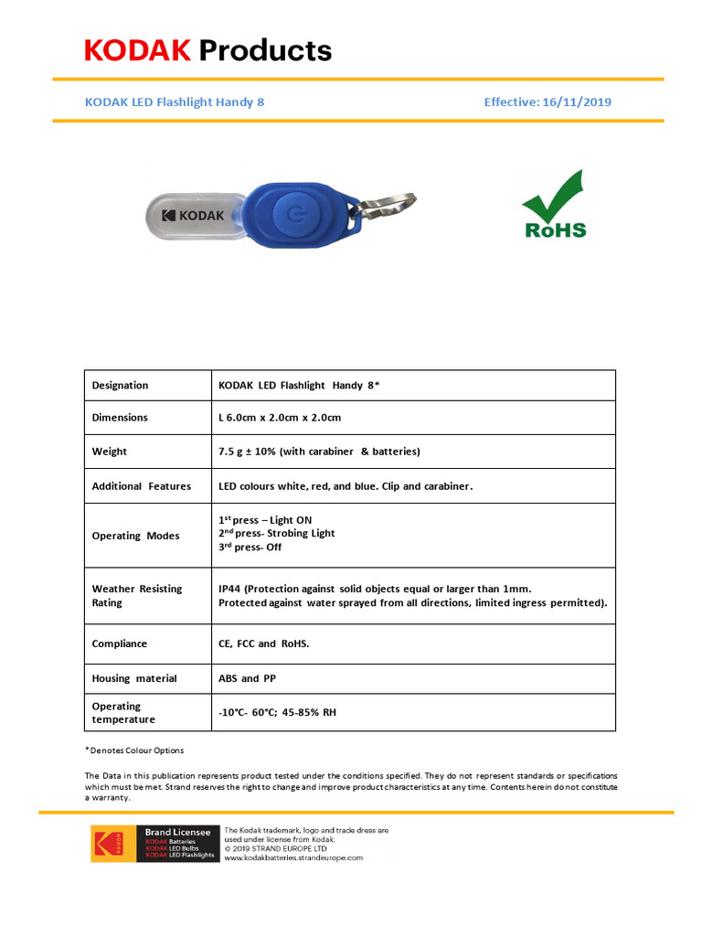 KODAK LED Flashlight Handy 8 Datasheet Ver 1.0 1 | PDF