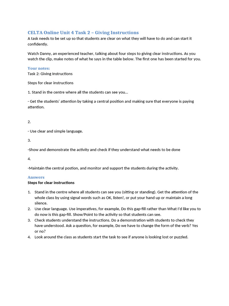 CELTA Online Unit 4 Task 2 - Giving Instructions | PDF