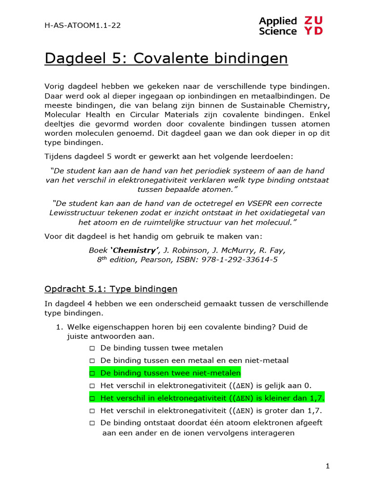 Dagdeel 5 - Covalente Bindingen_antwoordsleutel | PDF
