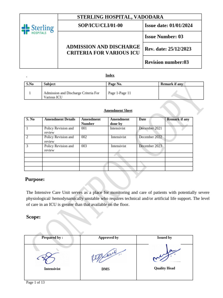 Admission & Discharge Criteria For ICU's.1 | PDF | Intensive Care Unit ...