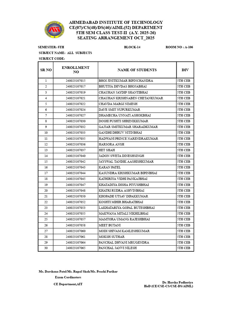 5th Sem Class Test-II Seating Arrangement Block-14 | PDF