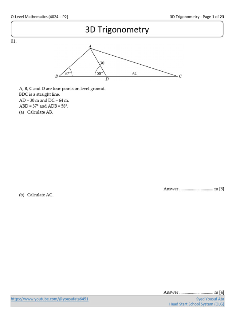 O-Level 3D Trigonometry Exercises | PDF | Volume | Elementary Geometry