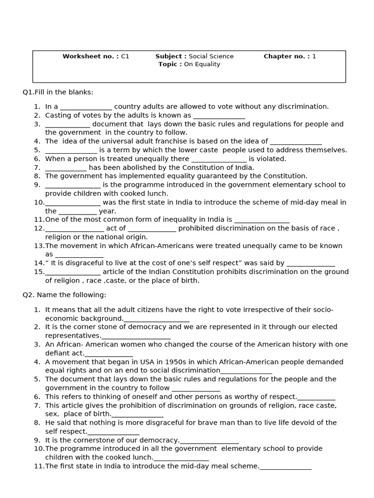 CBSE Civics Class 7 - On Equality | PDF | Discrimination | Suffrage